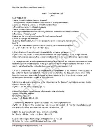 6th Semester Mechanical Engineering: Modeling & finite element analysis (2011 June Question ...