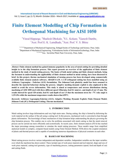 Finite Element Modelling Of Chip Formation In Orthogonal Machining For