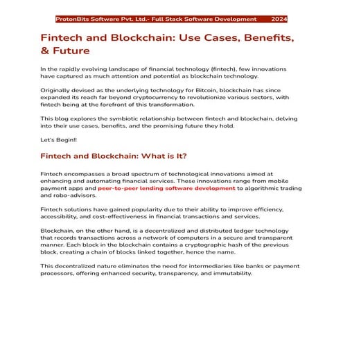 Fintech and Blockchain: Use Cases, Benefits, & Future - ProtonBits | PDF