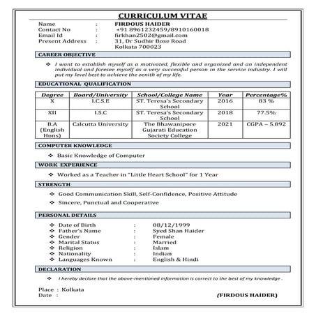 FIRDOUS., resume design all job category | PDF