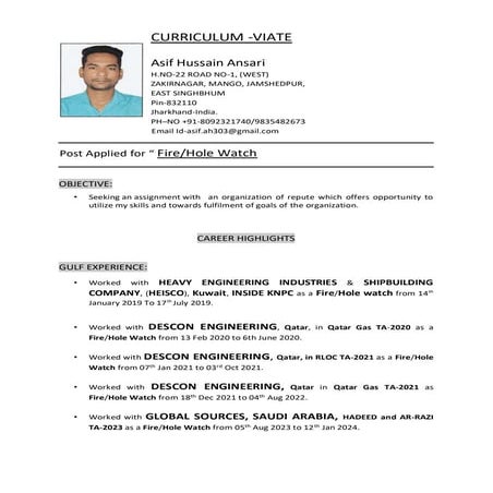 fire watch CV for mechanical construction work | PDF