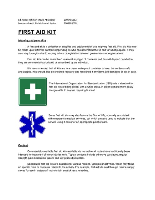First aid kit ppt | PPTX | First Aid | Injuries
