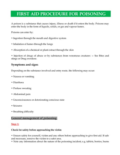 FIRST AID MEASURES IN POISONING | PPT
