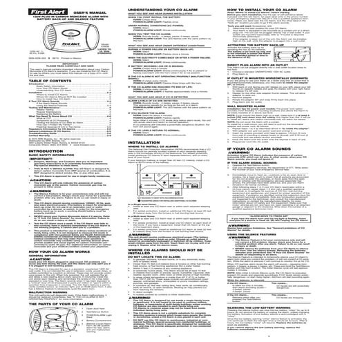 FIRST ALERT CO606 120V PLUG-IN CARBON MONOXIDE ALARM WITH BATTERY BACK ...