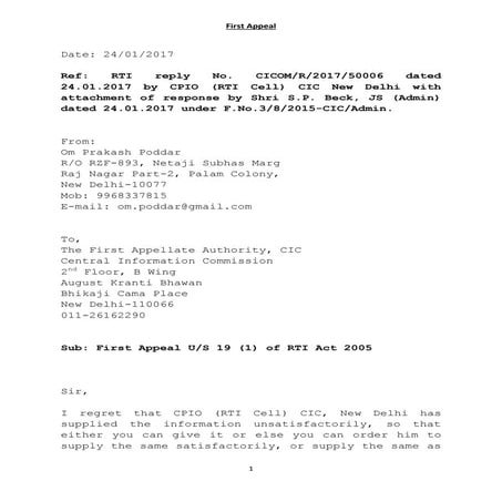 First appeal against CIC New Delhi dated 24.01.2017 for Non ...