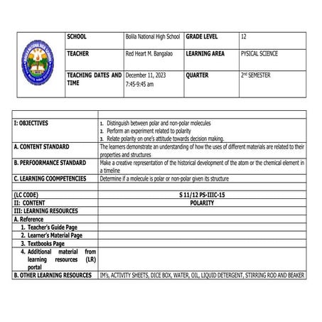 first demonstration lesson plan on physics.docx | Chemistry | Science