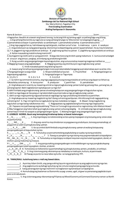 ARALING PANLIPUNAN 9 (EKONOMIKS) PRE-POST TEST (with Answer Key) | DOCX