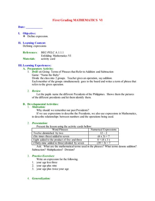 mathematics lesson plan for graded 4 pupils | DOCX | Homework and Study ...