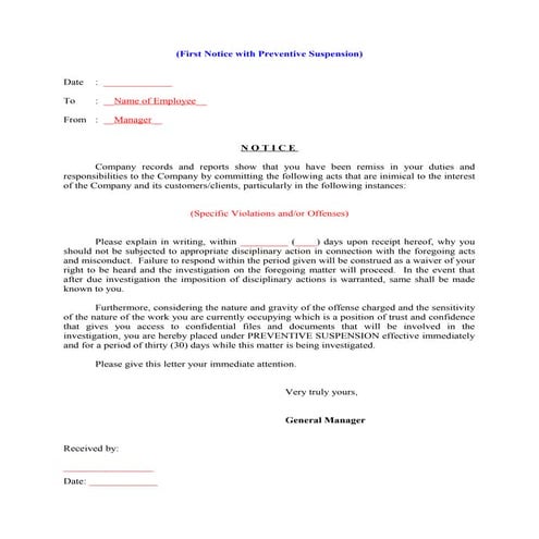 Notice to Explain SAMPLE FORM (First Notice)