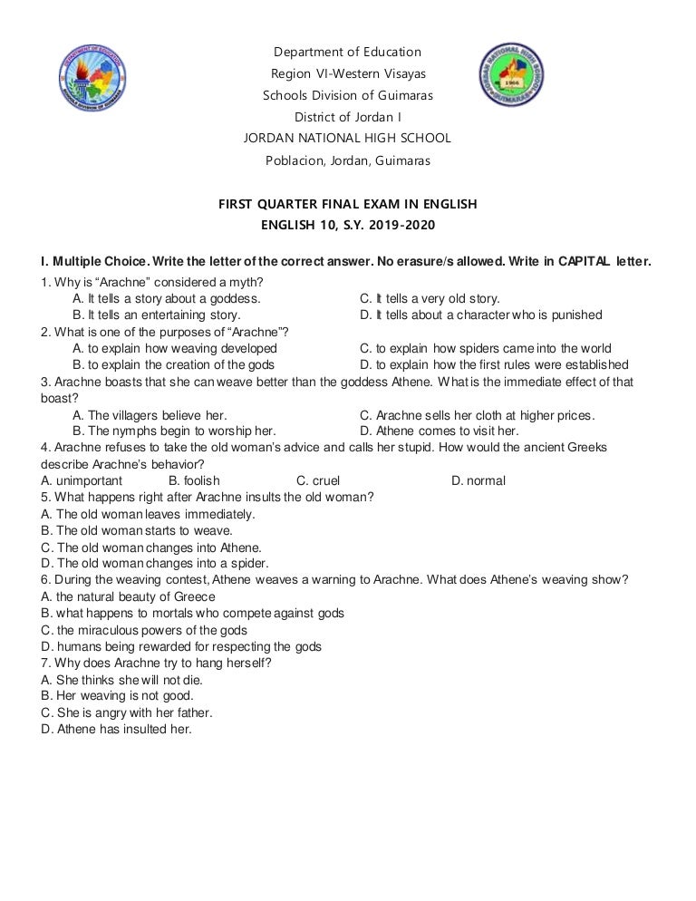 DepEd English Grade 10 First Quarter Examination