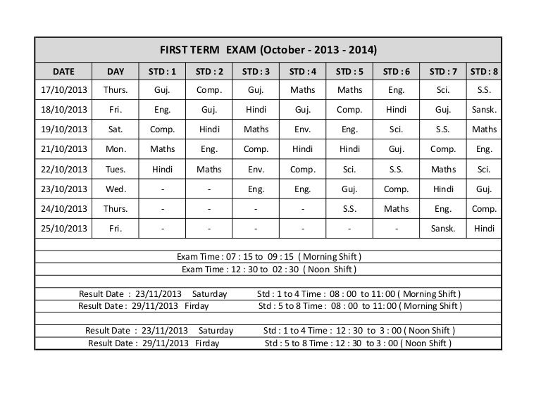 First term exam time table 2013-14