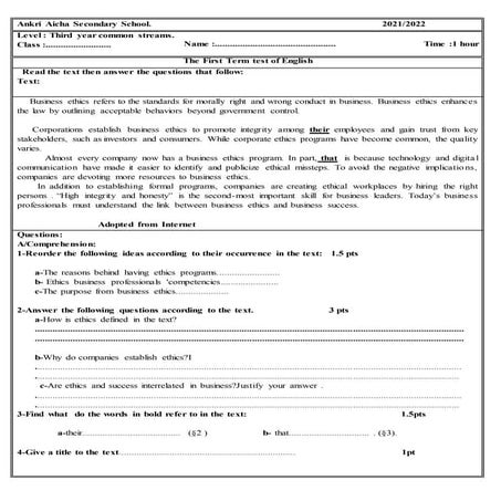 First term test scientific stream | PDF