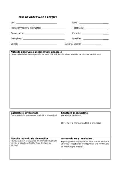 Fisa de observare a lectiei | DOC