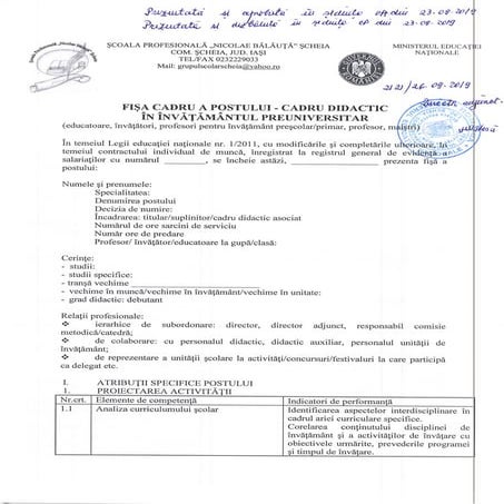 Fisa postului cadre didactice | PDF