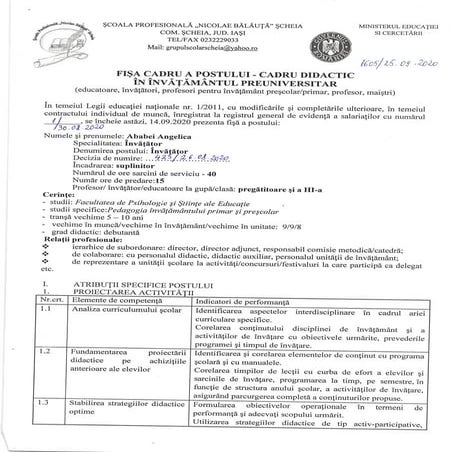 Fisa postului pentru cadre didactice | PDF