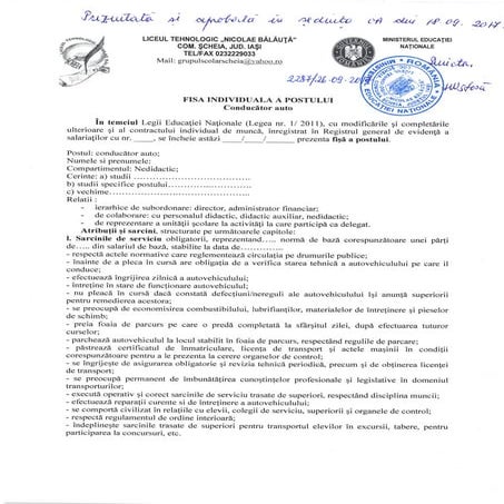 Fisa postului conducator auto | PDF