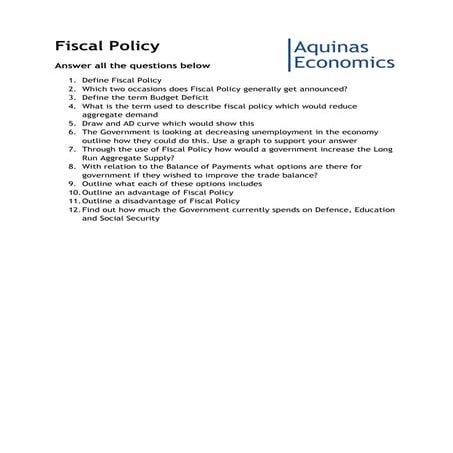 Fiscal Policy Questions | DOCX | Political Issues & policy | Politics