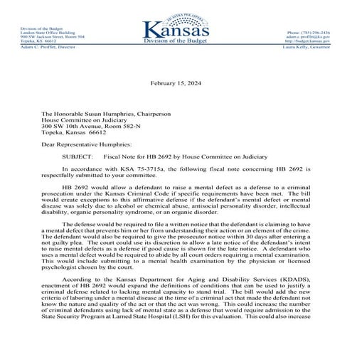 Fiscal Note H2692, M'Naghten Rule Impact | PDF