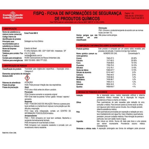 FISPQ ESAB 6013 Ficha de informação Segurança | PDF