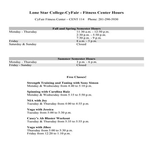 Fitness Center Hours | DOC