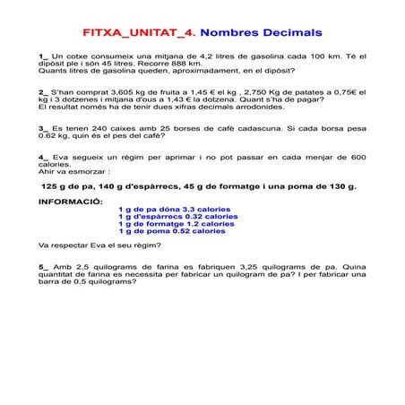 Fitxa unitat 4. nombres decimals | PDF