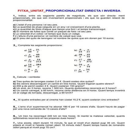 Fitxa unitat proporcionalitat directa i inversa | PDF