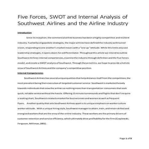 Five forces, swot and internal analysis of southwest airlines and the ...