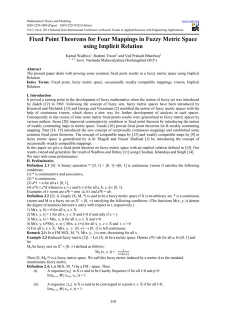 Fixed Point Theorems For Four Mappings In Fuzzy Metric Space Using Implicit Relation Pdf
