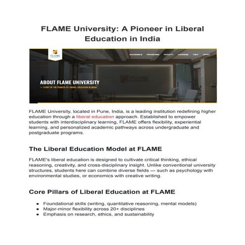 FLAME University | The Pioneers of Liberal Education in India | PDF