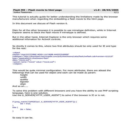Flash MX Tutorial - Putting a Flash movie on a HTML page | PDF