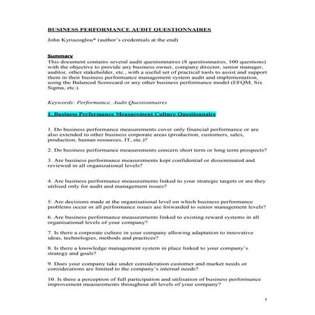 Flevy.com - Business Performance Audit Questionnaires | PDF