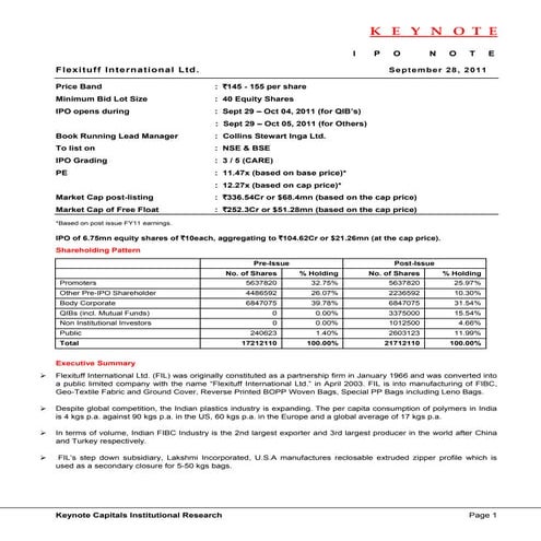 Flexituff International IPO Note (Keynote Capitals) | PDF