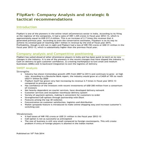 Flipkart company analysis and strategic & tactical recommendations | PDF