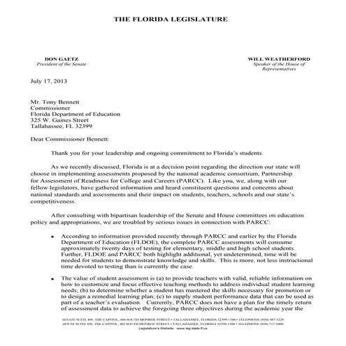 Florida Legislature has just released a letter - PULL OUT OF PARCC | PDF
