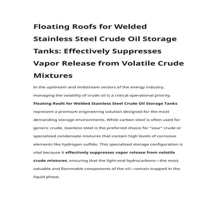 Floating Roofs for Welded Stainless Steel Crude Oil Storage Tanks ...