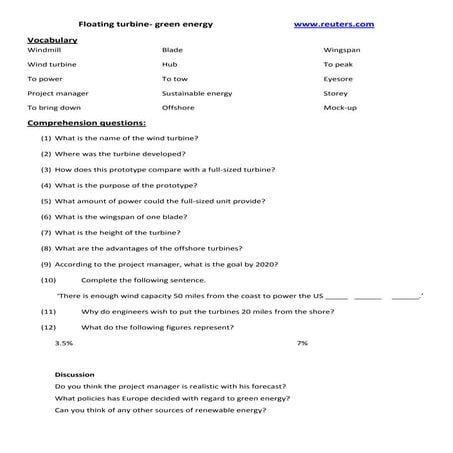 Floating turbine comprehension questions | PDF