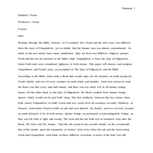 Noah vs Utnapishtim ( This paper will discuss and compare Utnapishtim ...