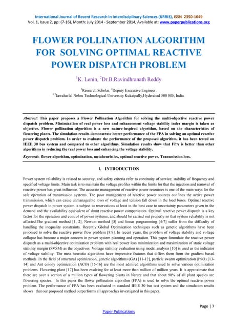 Flower Pollination Algorithm For Solving Optimal Reactive Power Dispatch Problem Pdf
