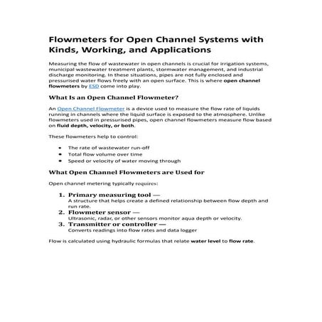 Flowmeters for Open Channel Systems with Kinds, Working, and ...