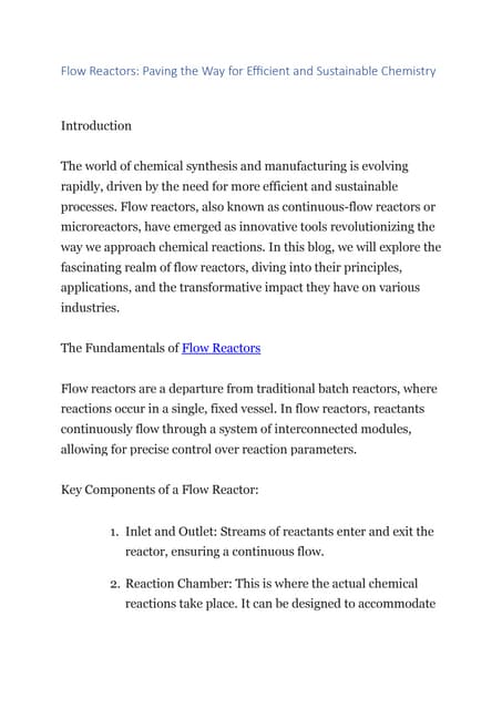 CONTINUOUS FLOW REACTORS (1).pptx | Chemistry | Science