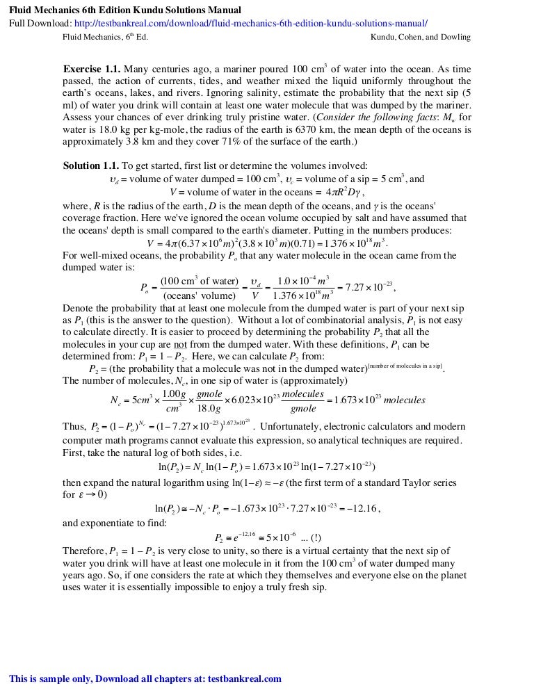 Fluid Mechanics 6th Edition Kundu Solutions Manual