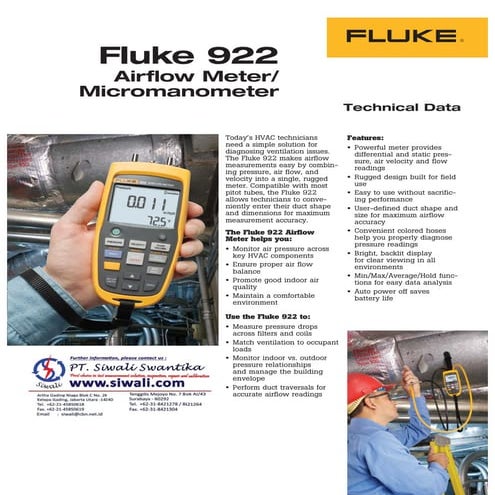Datasheet Fluke 922. Hubungi PT. Siwali Swantika 021-45850618 | PDF