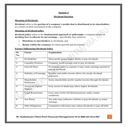 Financial Management Module-4 Dividend Decision, BBA 4th semester, Bangalore University | PDF