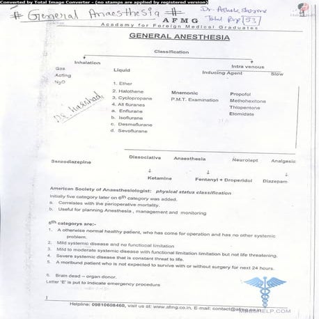 FMGE Notes - Anesthesia | PDF