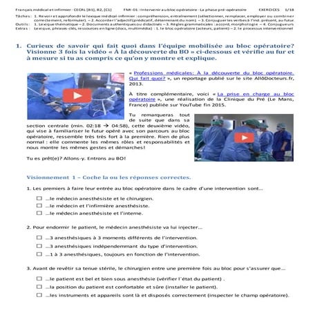Intervenir au bloc opératoire · La phase préopératoire - EXERCICES | DOCX