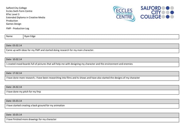 Fmp production log 190614 | DOC | Drawing and Sketching | Arts and Crafts