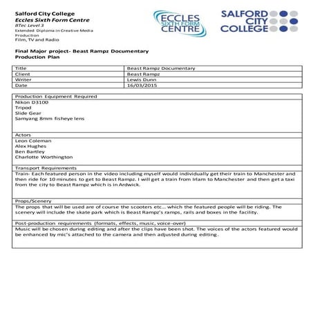 Fmp production plan template | DOCX | Cameras and Camcorders | Consumer ...