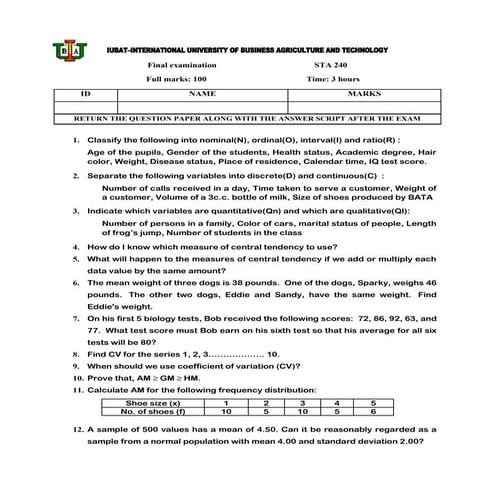 Exam Questions on Basic Statistics | DOCX