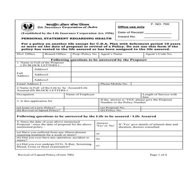 Revival of Lapsed Policy Forms Fno 700 | PDF