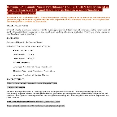 FNP CCRN ICU Medical Resume CV | PDF